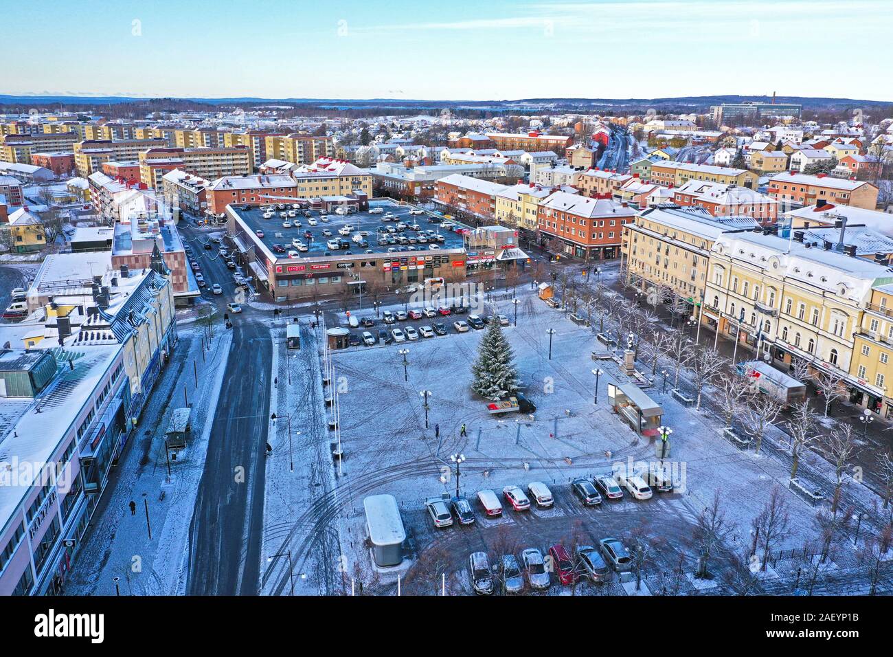 Aerial view of a Christmas tree at Stora Torget in Motala, Sweden, on a ...