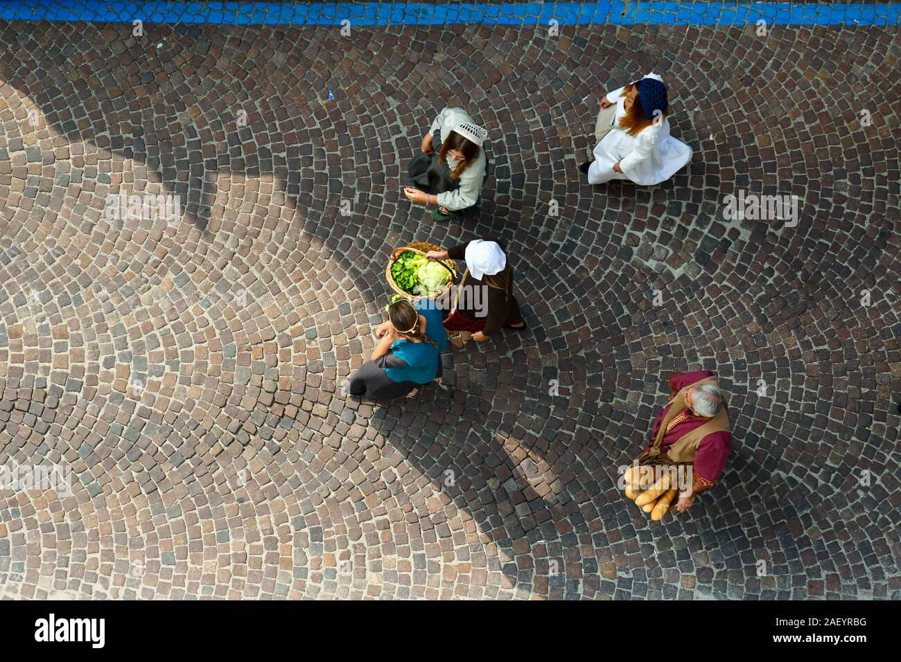 Aerial view of people in medieval costume during the historical parade ...