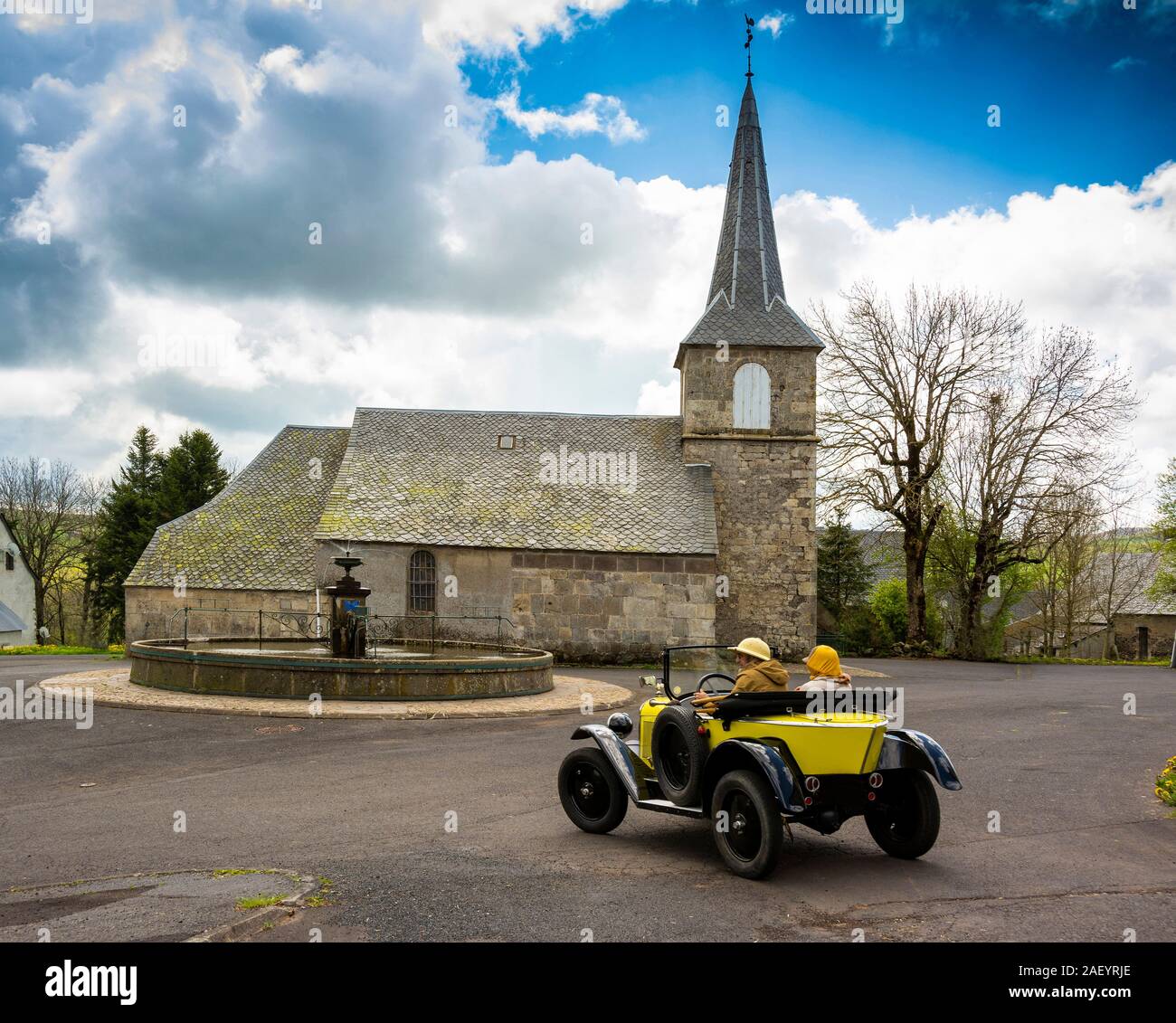 Exit of old collection cars passing in front of Saint-Blaise church, La ...