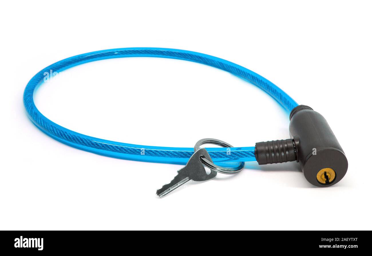 Blue bike and bicycle cable lock with key isolated on white background ...