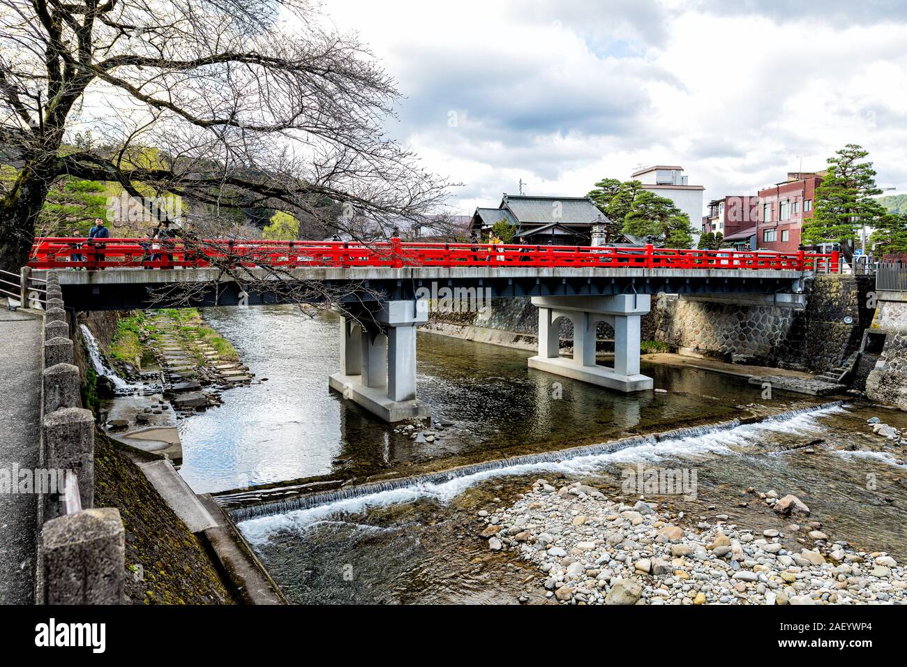 Takayama, Japan - April 9, 2019: Hida Miyagawa river in Gifu prefecture ...