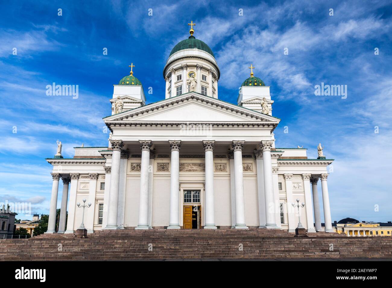 View from the sea of beautiful city Helsinki at Autumn. Blue sky and ...