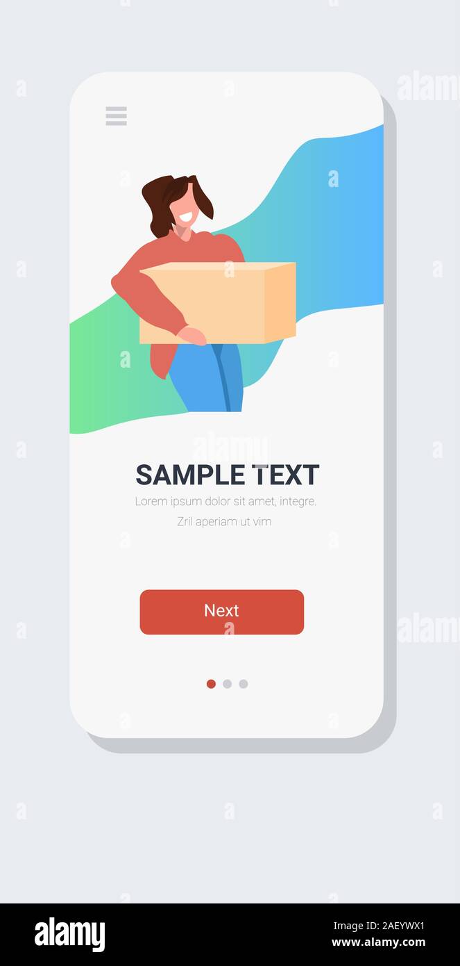 happy woman holding cardboard box moving to new home concept smartphone ...