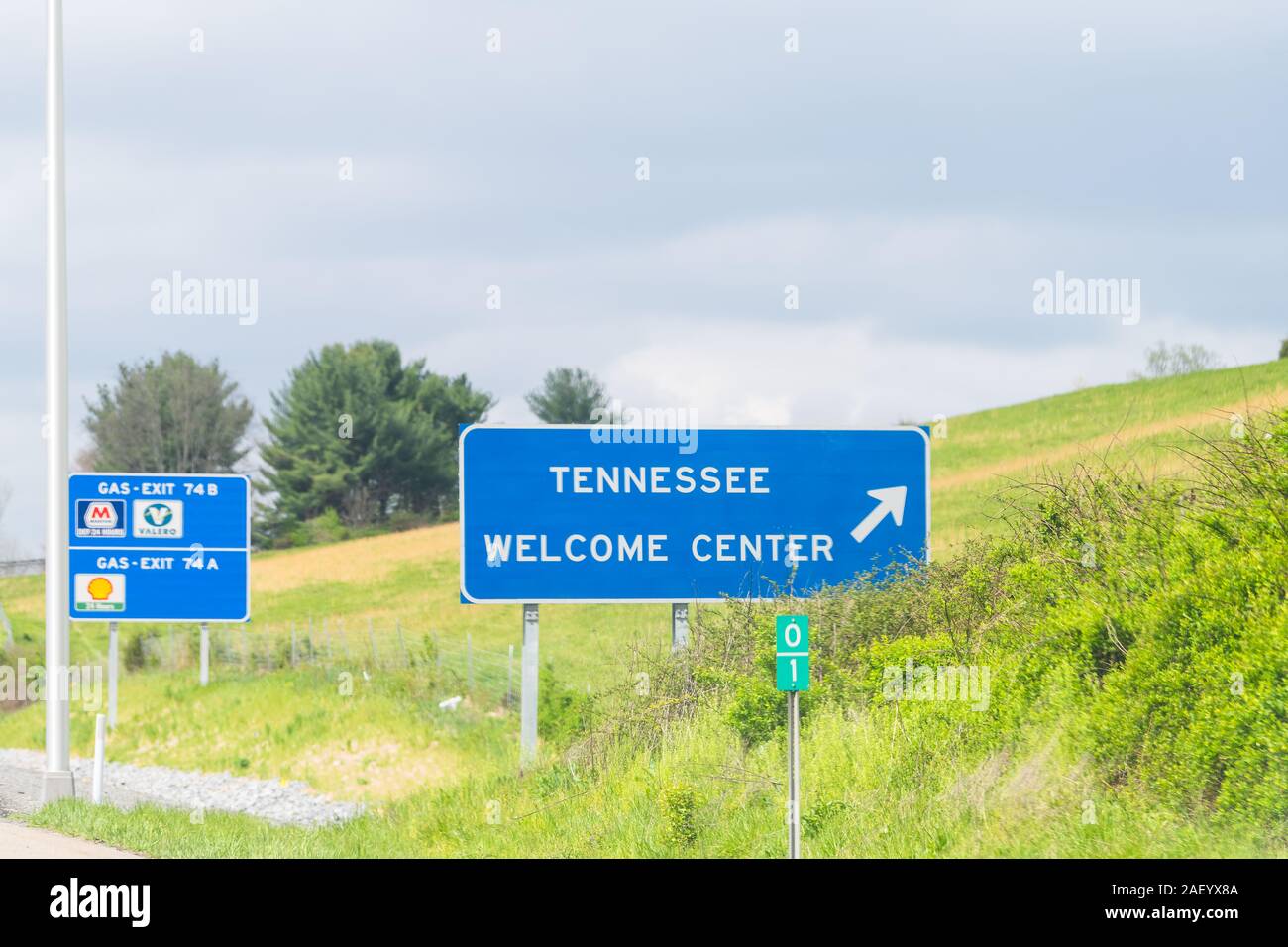 Bristol, USA - April 19, 2018: Welcome Center exit and gas station sign ...