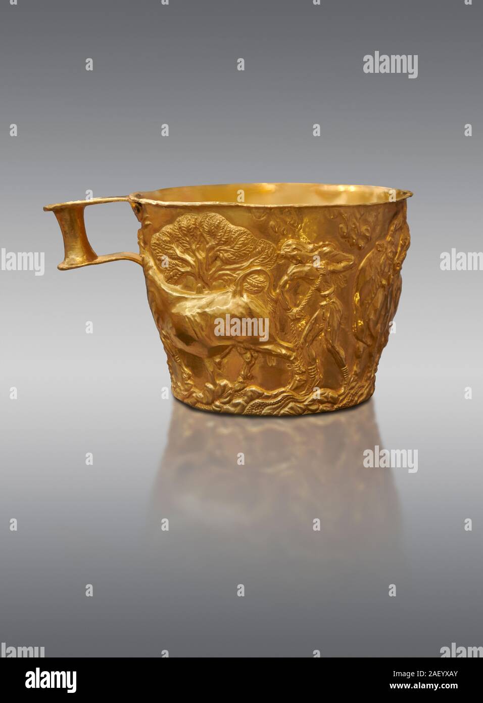 Vapheio (Vaphio or Vafio) Mycenaean gold cup depicting a wild bull hunt ...