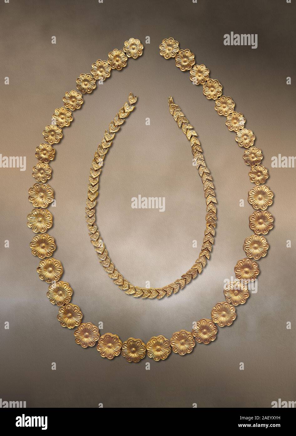Mycenaean gold necklace from the Mycenaean cemetery of Midea tholos ...