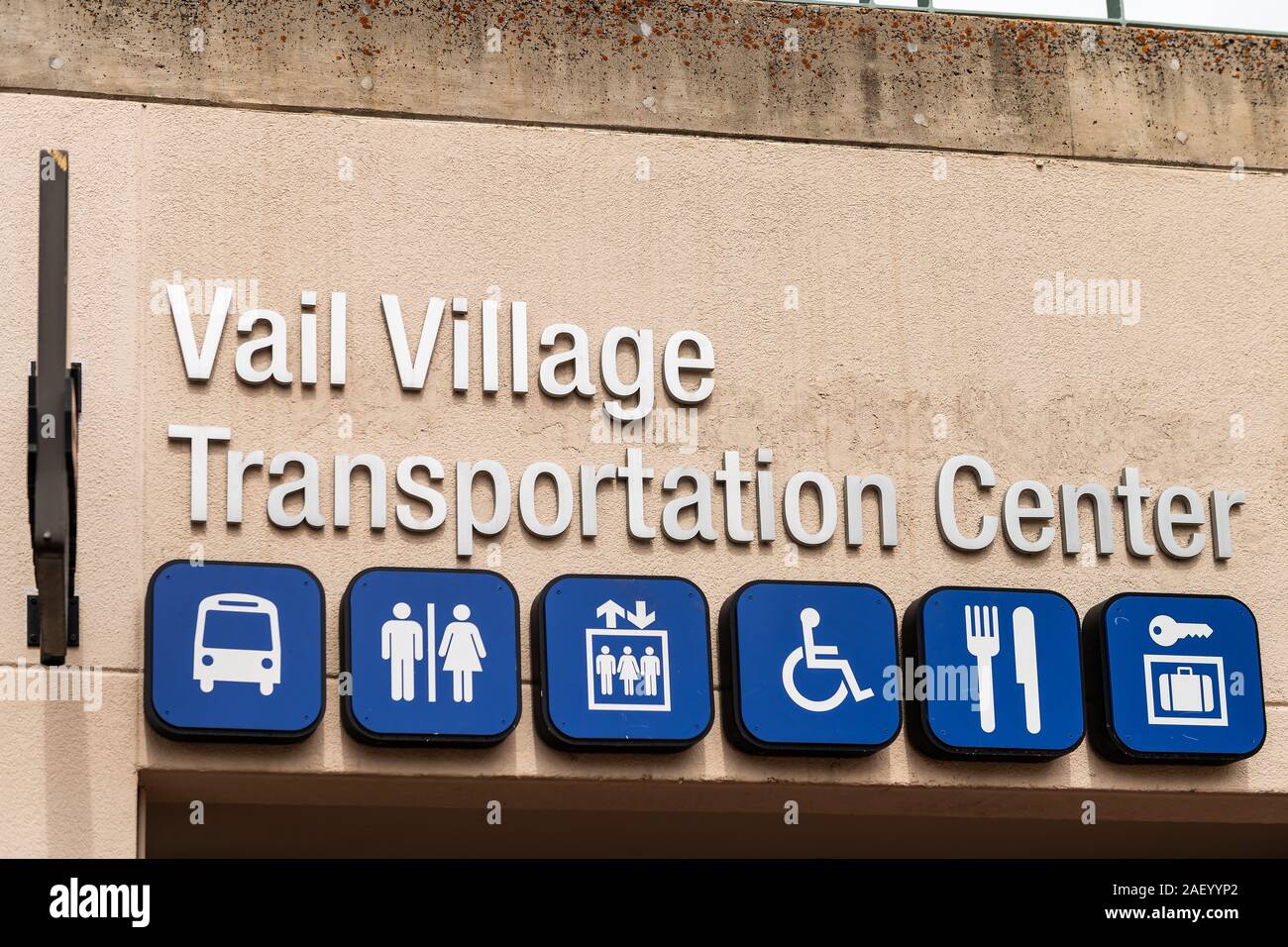 Vail, USA - June 29, 2019: Small resort Colorado town with sign for ...