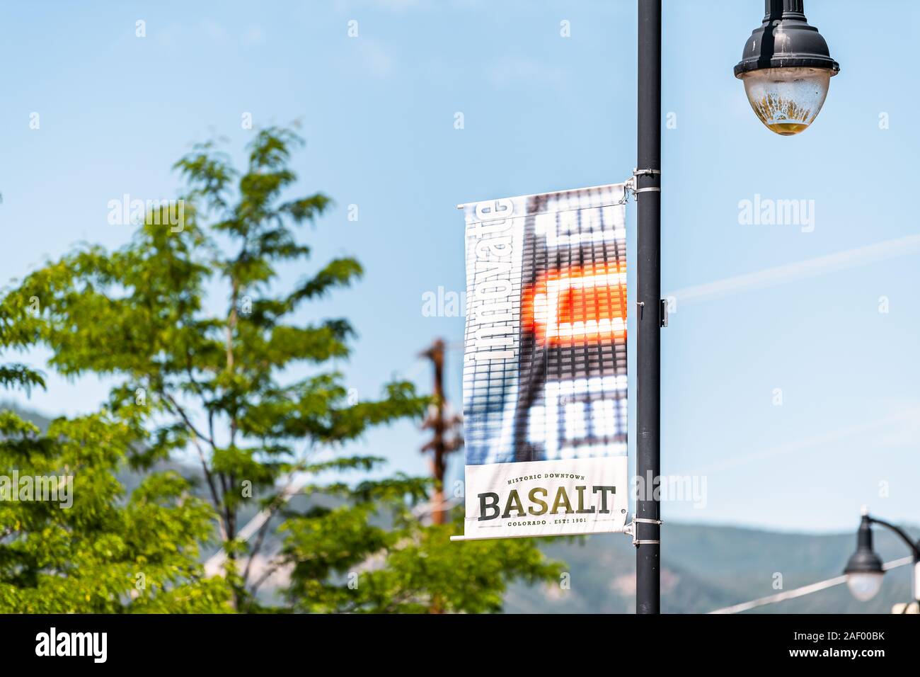 Basalt, USA - July 14, 2019: Closeup of sign banner on lamp post for ...