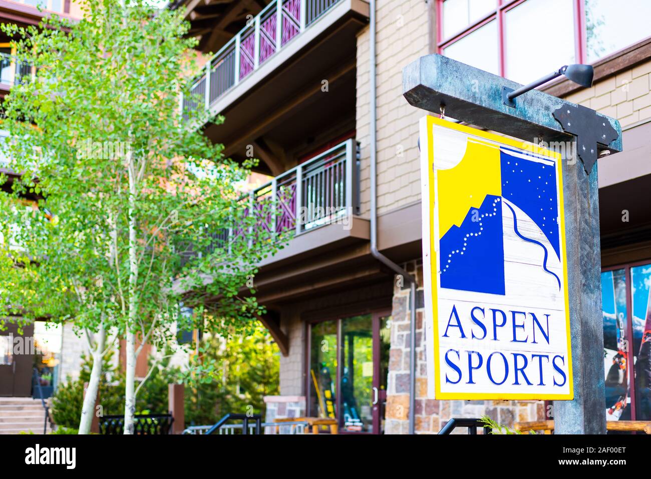 Aspen, USA - June 24, 2019: Snowmass village small town shopping mall in Colorado downtown with ...