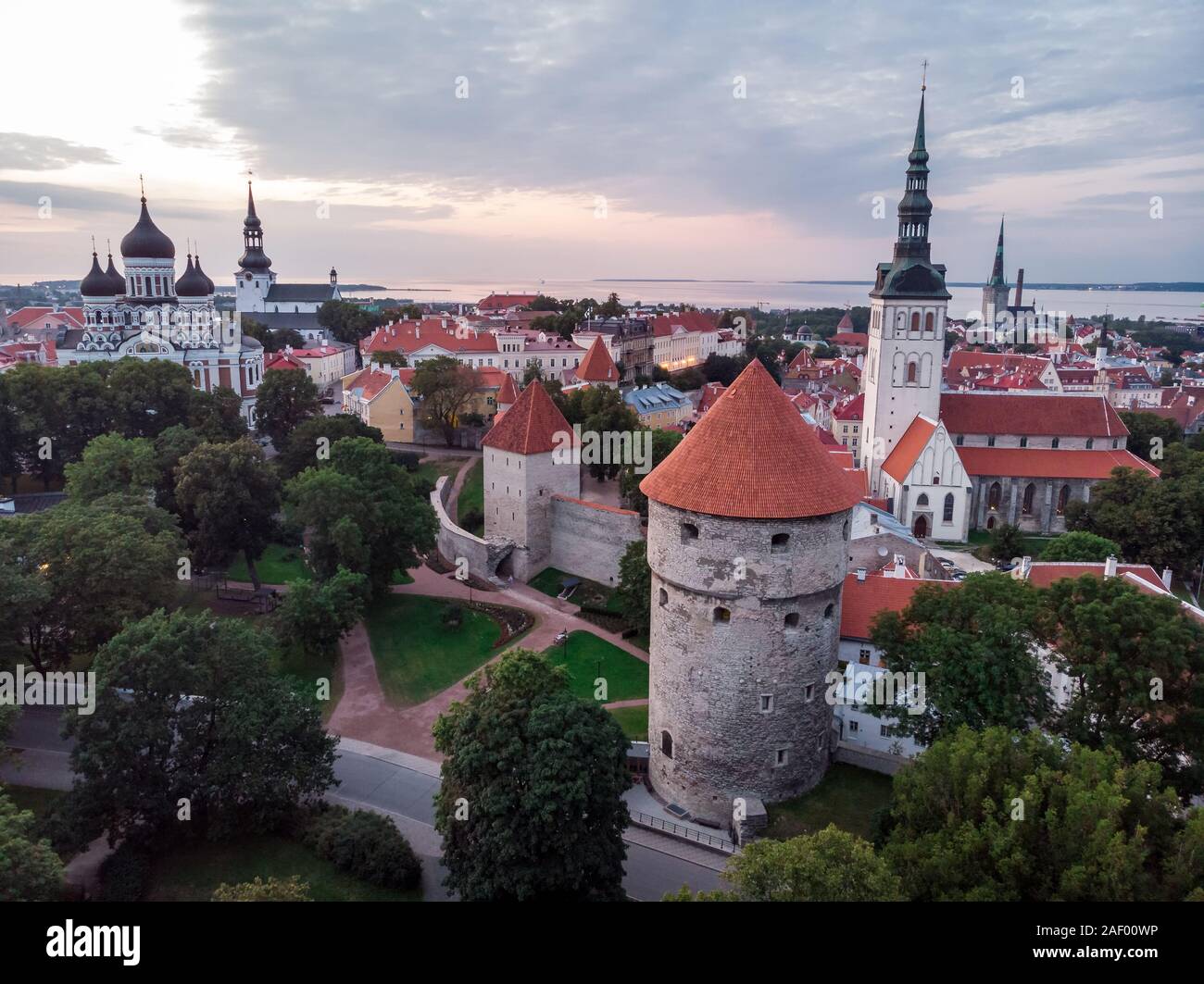 Aerial View of Old Town and Toompea castle at blue hour Tallin, Estonia ...
