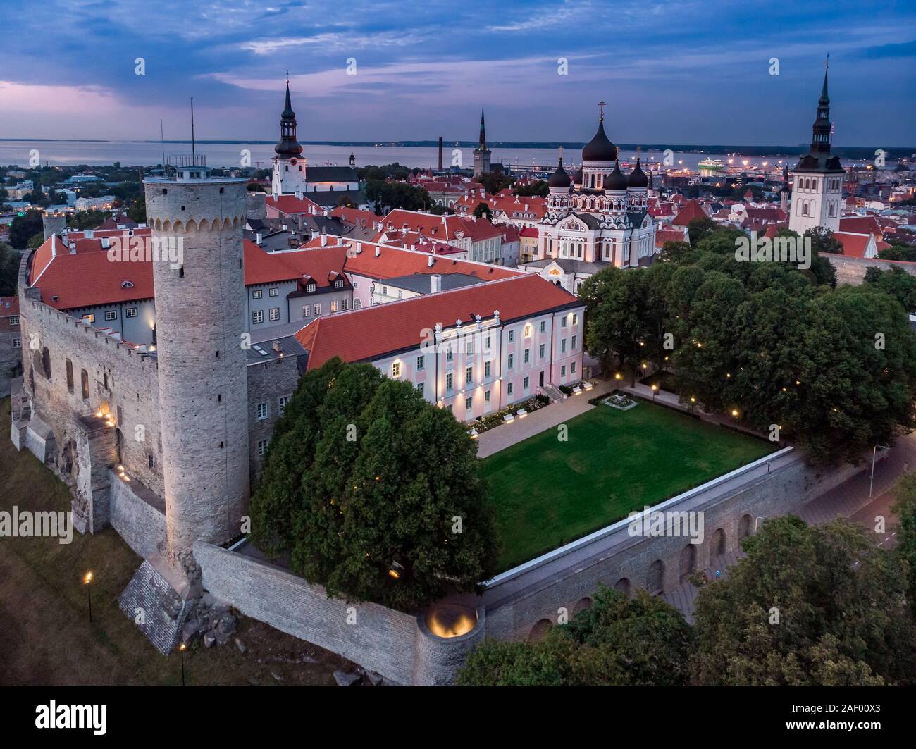 Aerial View of Old Town and Toompea castle at blue hour Tallin, Estonia ...