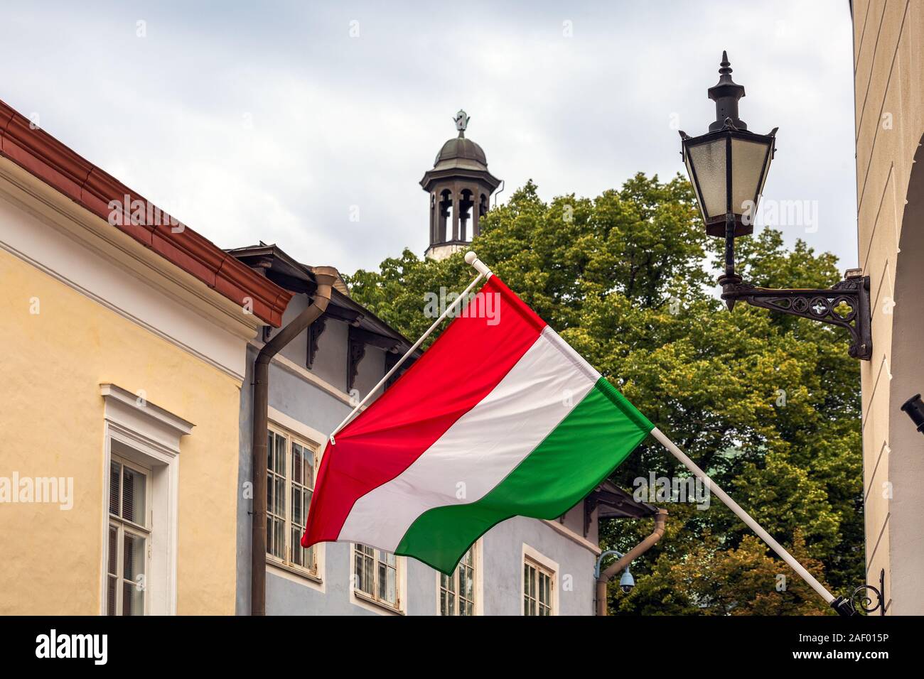 Historical Tallinn Street: house with flag of Hungary Stock Photo - Alamy