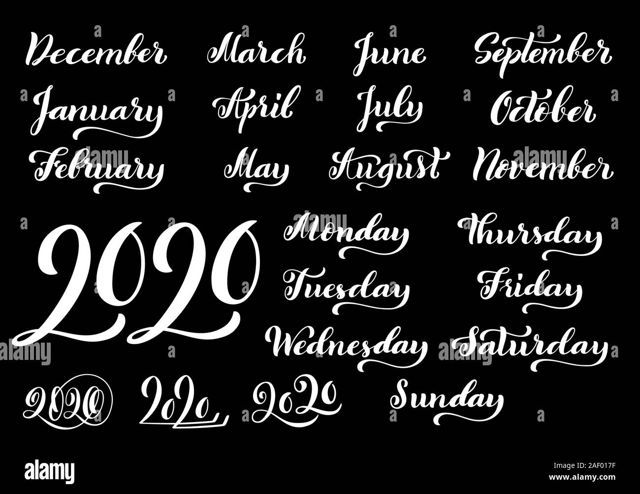 Big vector handdrawn calligraphic monthly set with months, year 2020 ...