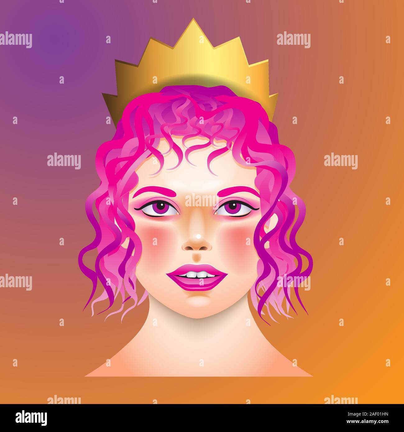 The face of a woman with a crown on her head on an isolated background ...