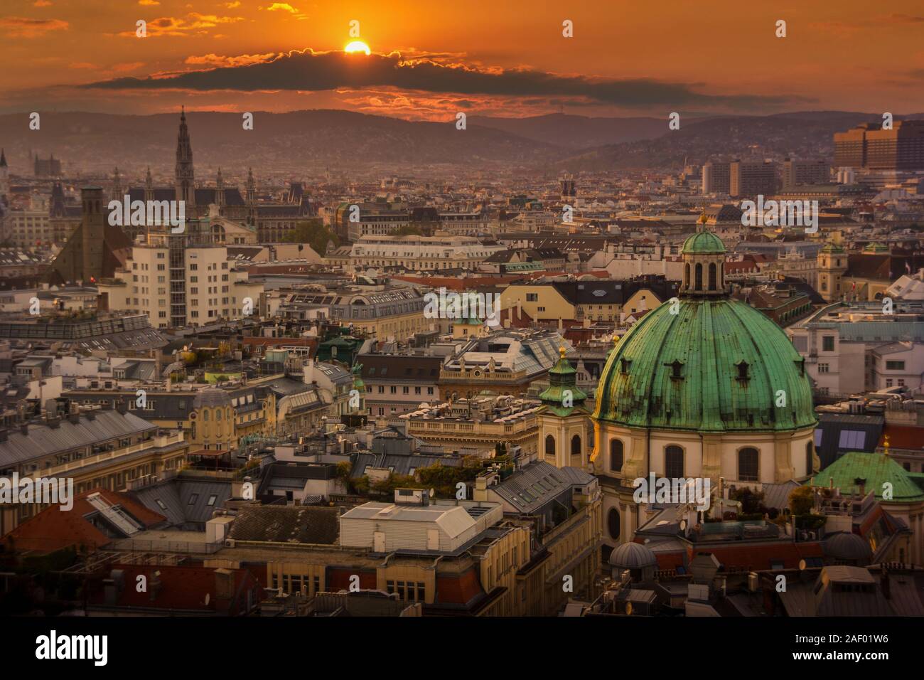 Vienna skyline at sunset from St. Stephen's Cathedral, Austria Stock ...