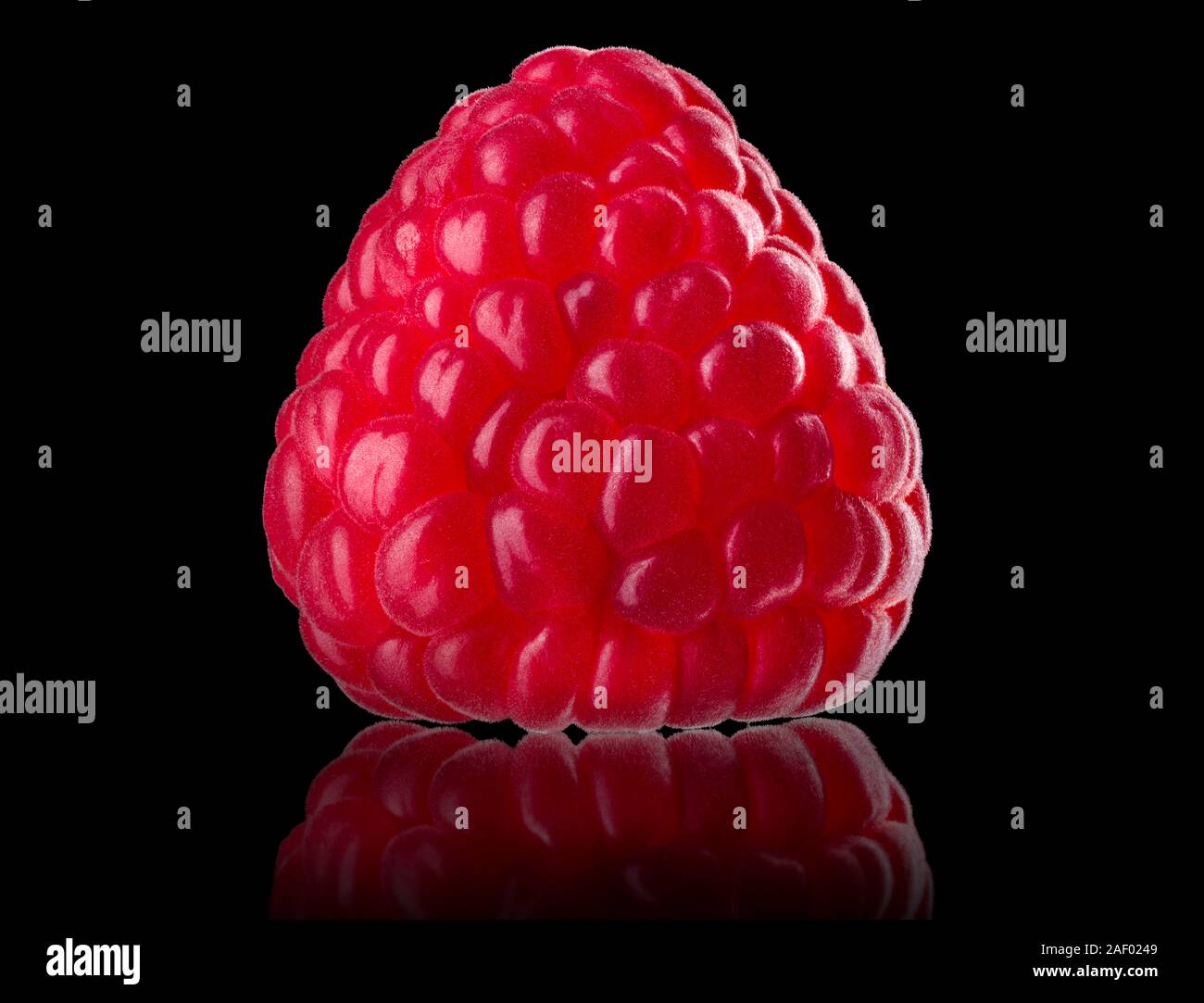 Macro photo of raspberry with reflection isolated on black background ...