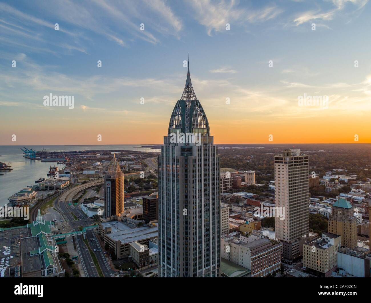 Downtown Mobile, Alabama waterfront skyline at sunset in November 2019 ...