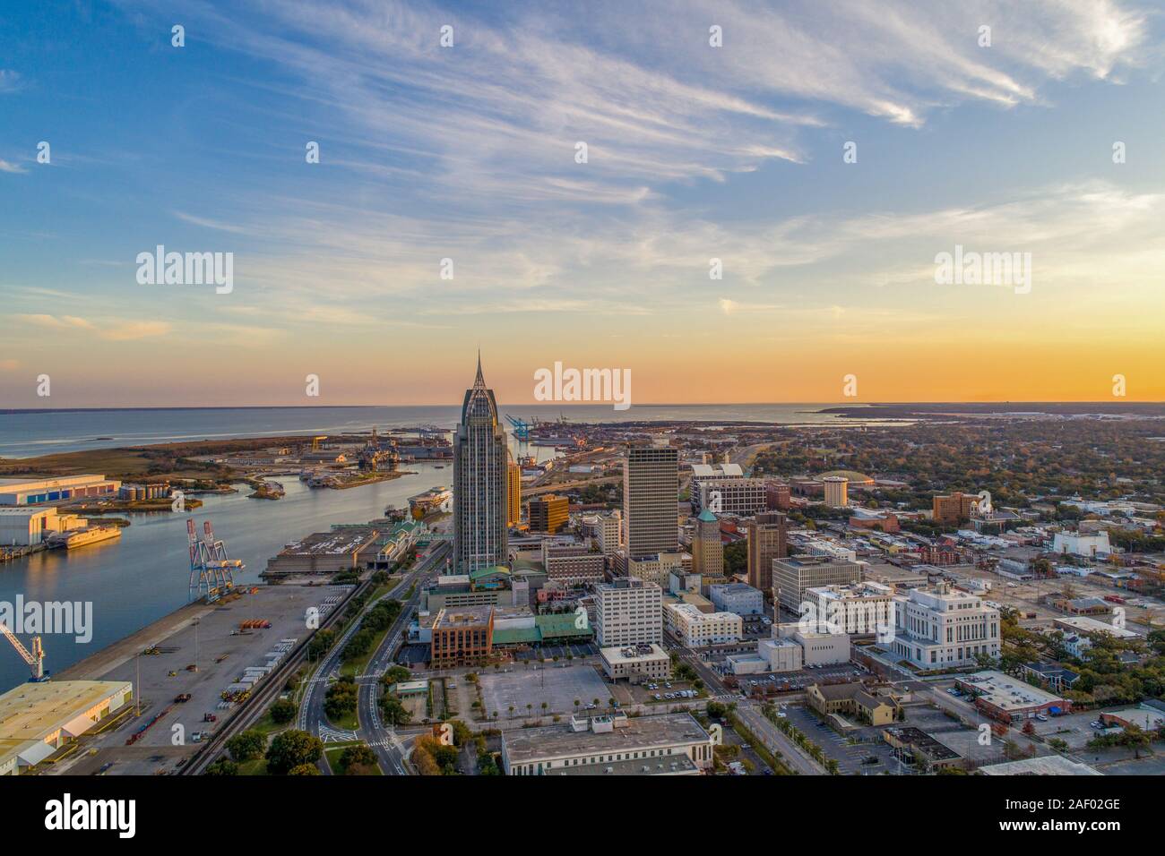 Downtown Mobile, Alabama waterfront skyline at sunset in November 2019 ...