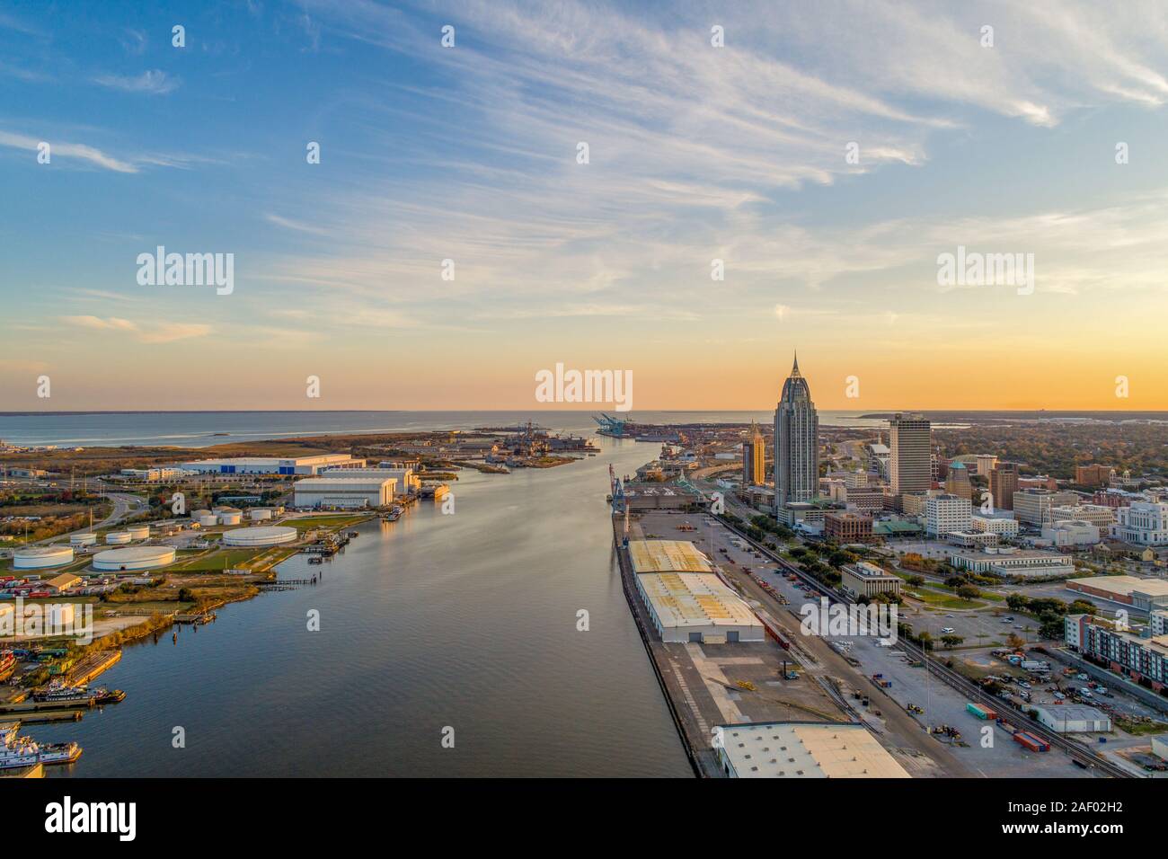 Downtown Mobile, Alabama waterfront skyline at sunset in November 2019 ...