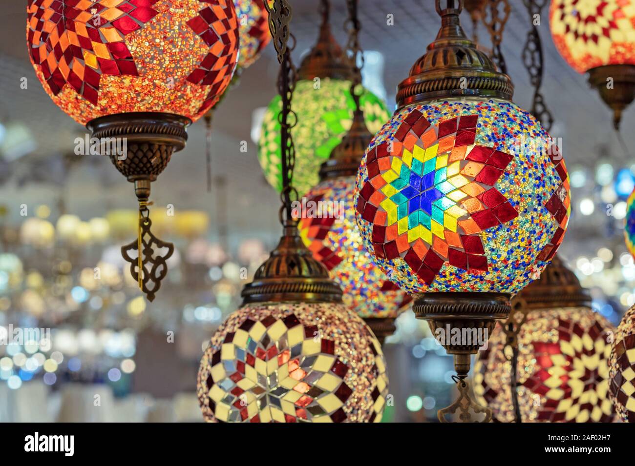 Traditional old turkish lamp. Oriental lamp from pieces of multi ...