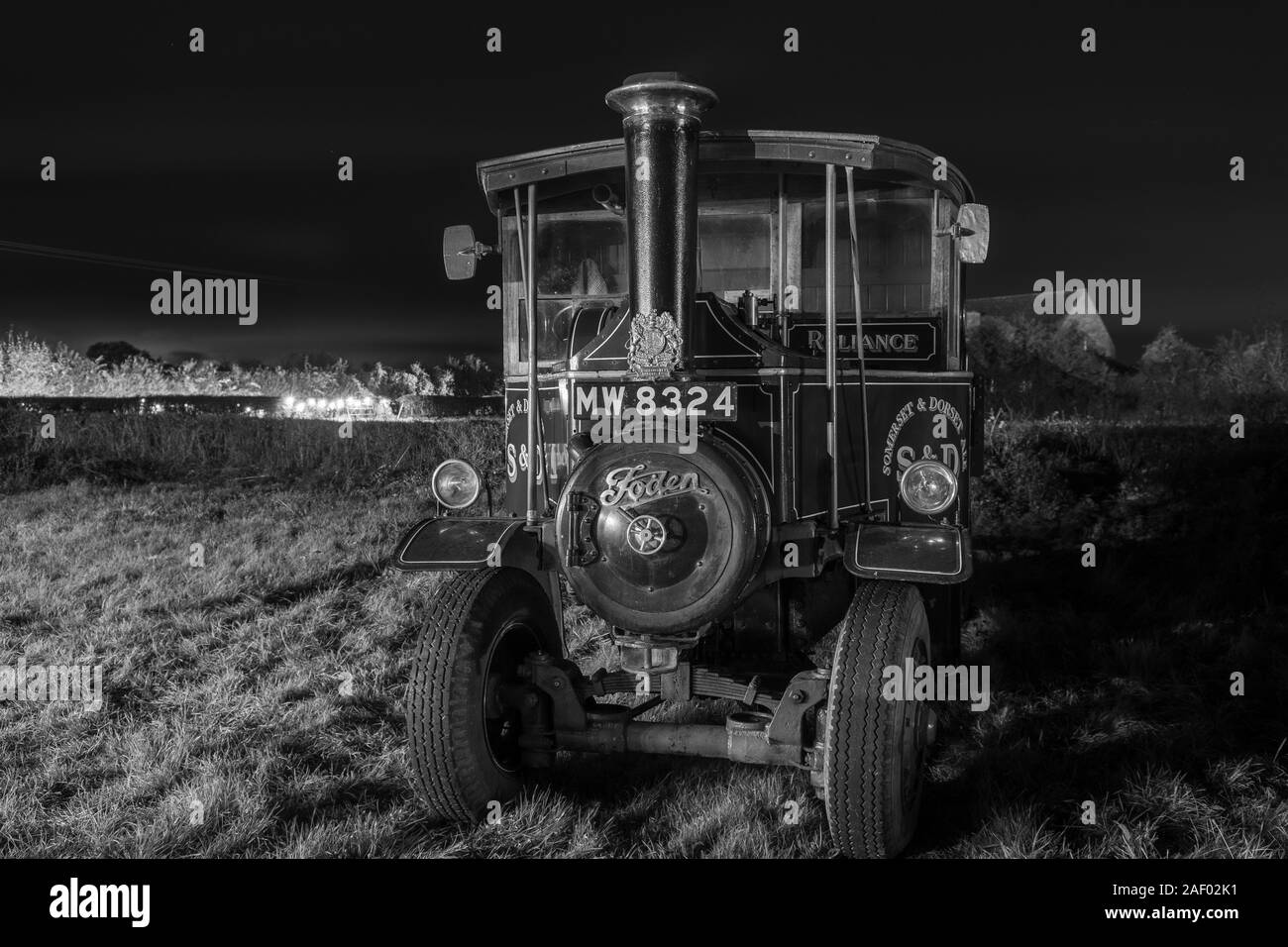 Night photo of a restored steam powered lorry Stock Photo - Alamy