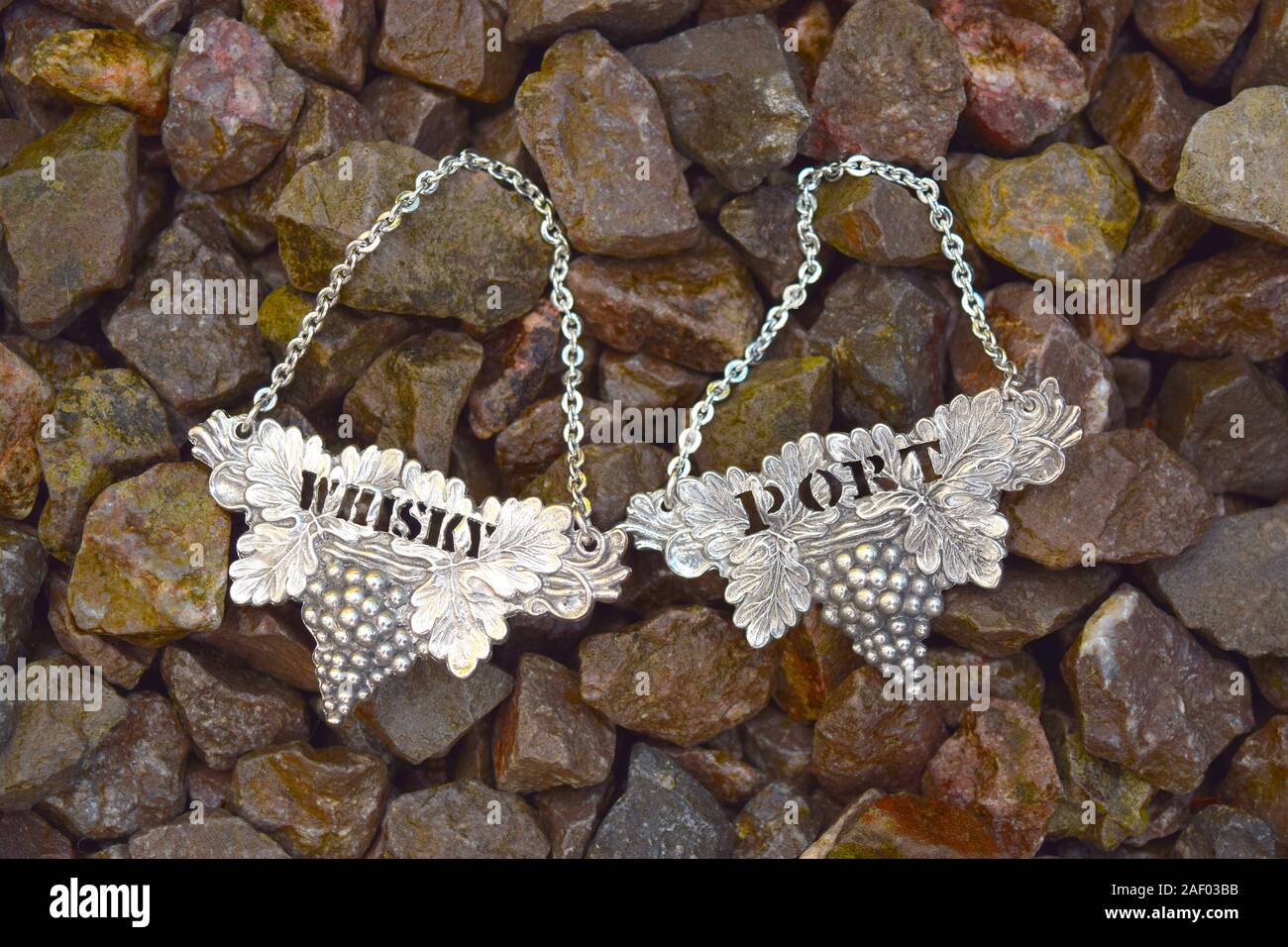 Decanter port and whisky labels on natural textured background Stock ...