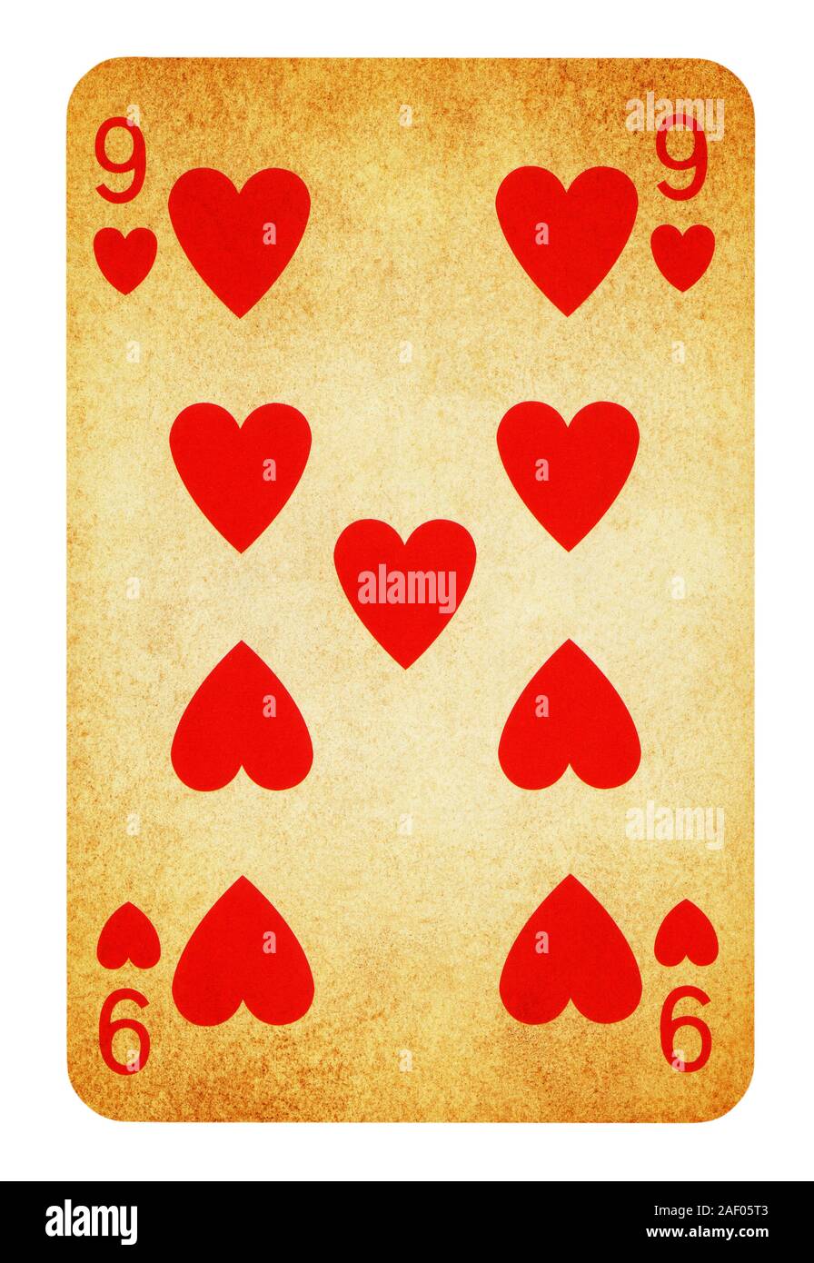 Nine of Hearts Vintage playing card - isolated on white (clipping path ...