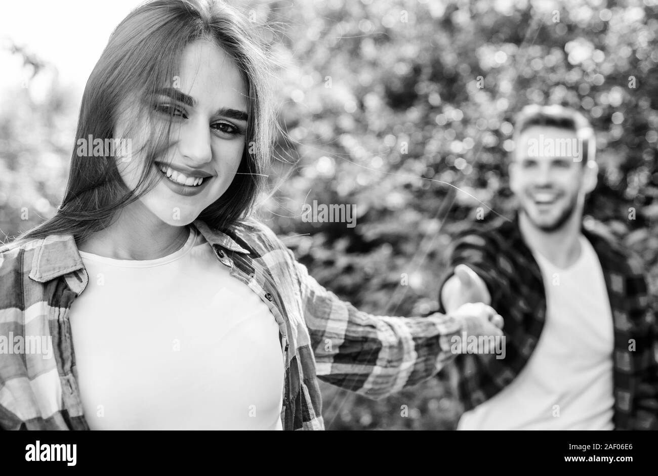 Follow me. Couple in love meeting. Put yourself forward in way that is ...