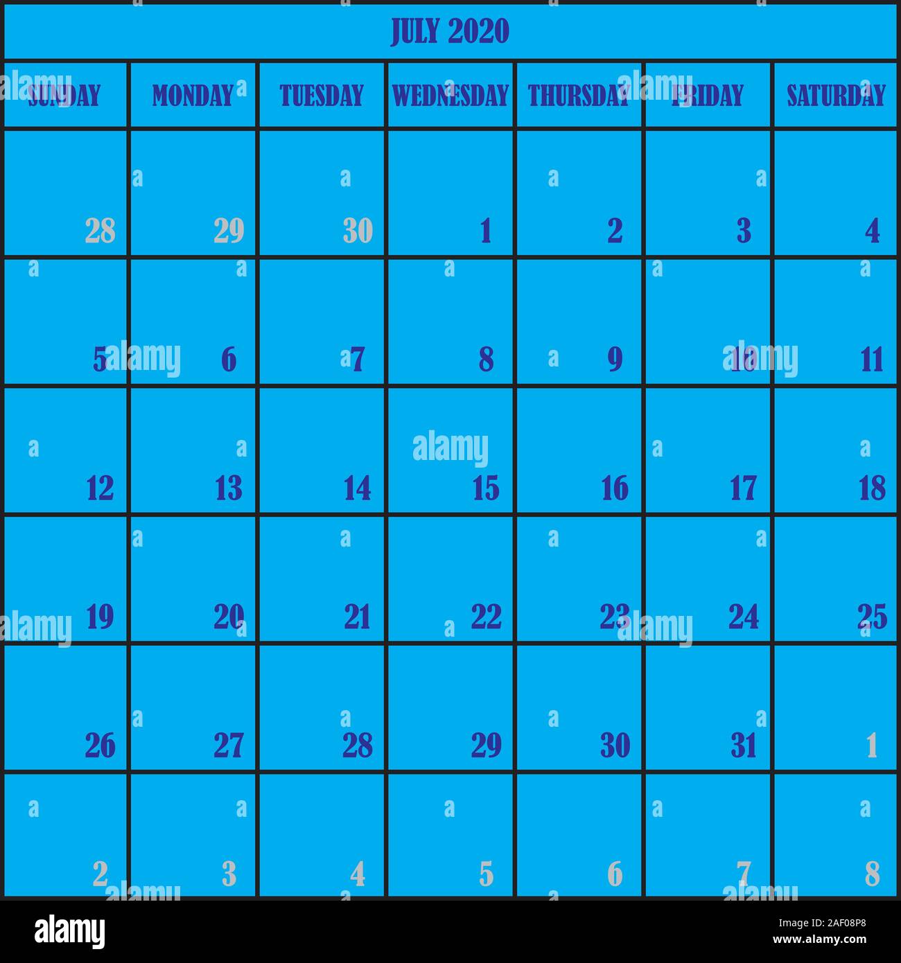 CALENDAR PLANNER MONTH JULY 2020 ON BLUE BACKGROUND Stock Vector Image ...