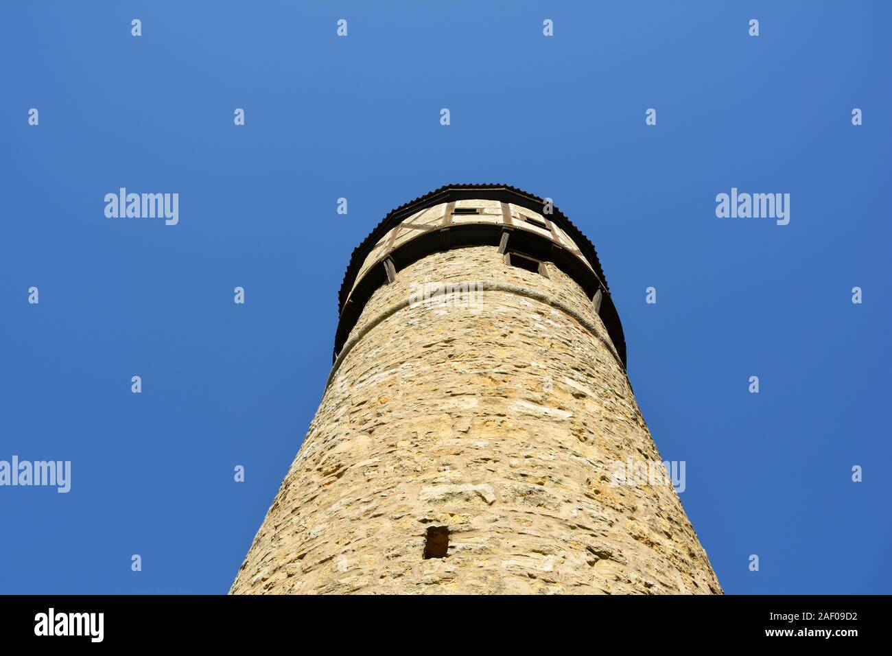 Old tower, bottom-up view, with a lot of blue sky and copy space Stock ...