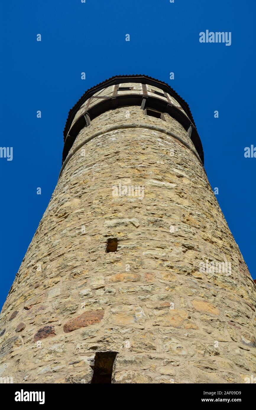 Old tower, bottom-up view, with a lot of blue sky with copy space Stock ...