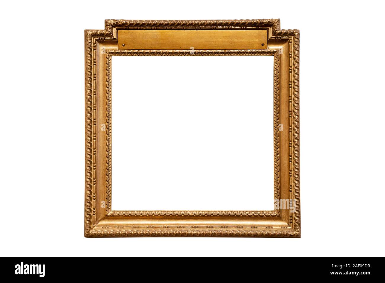 front view detail of square gold wood vintage frame isolated on white ...