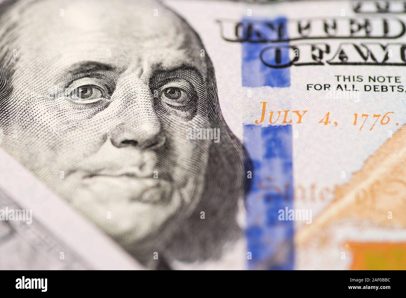 Portrait of Benjamin Franklin from 100 dollars bill. The face of ...