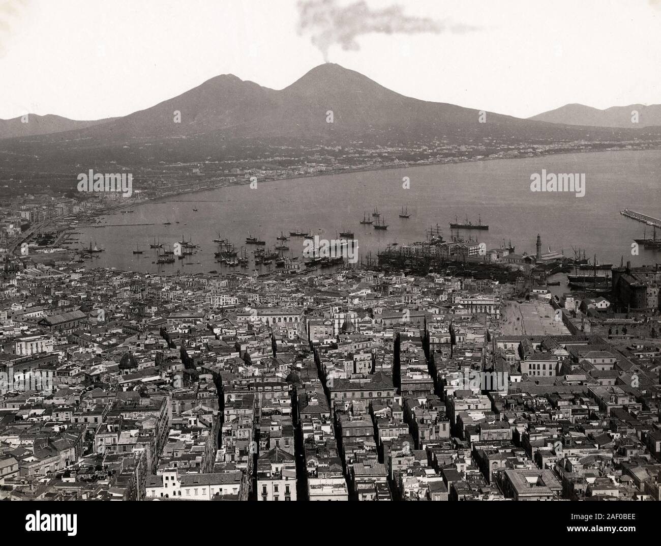 View of the volcano Mount Vesuvius from across the Bay of Naples, Italy ...