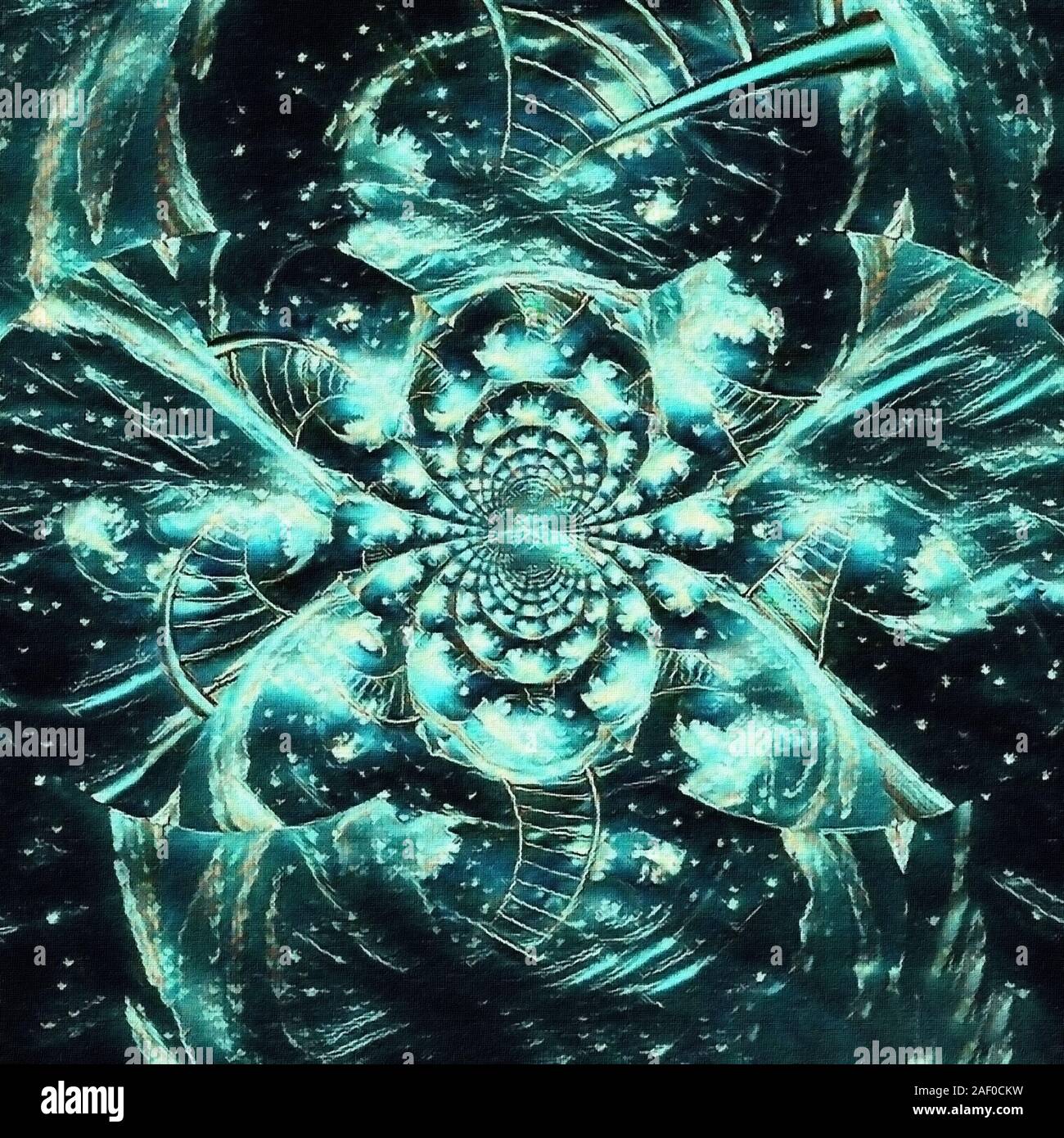 Abstract painting. Mirrored round fractal with shining light and ladder ...