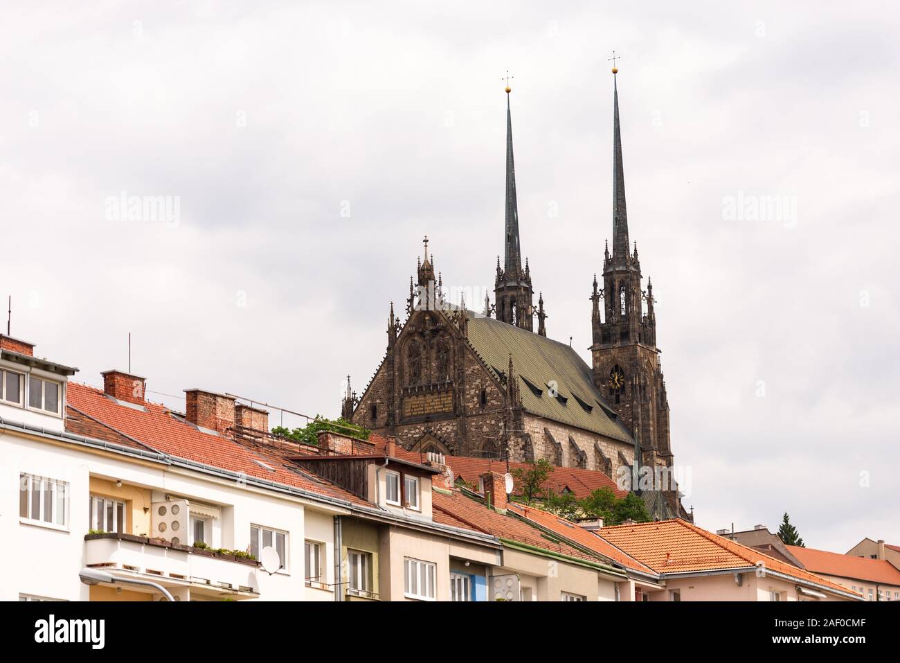 The Cathedral of Brno. Roofs of houses and the temple on the hill Stock ...