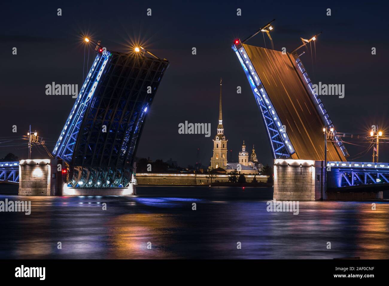 Palace Bridge, a road- and foot-traffic bascule bridge, spans the Neva ...