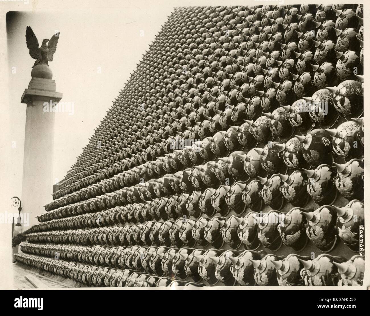 Pyramid of cpatured German helmets from World War I on Victory Way in ...