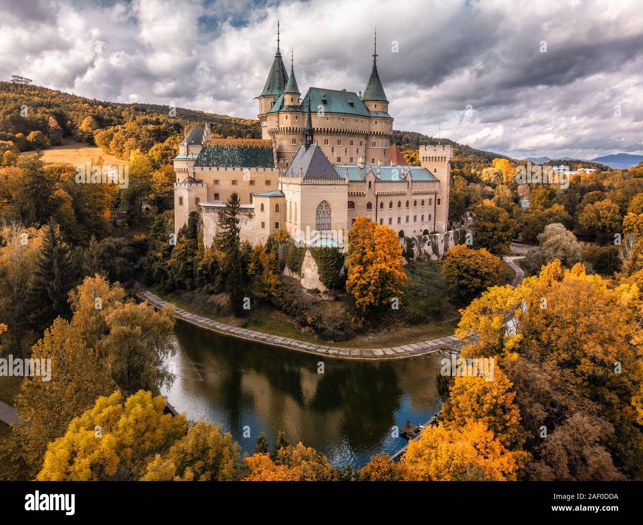 Aerial view of Bojnice medieval castle, UNESCO heritage in Slovakia ...