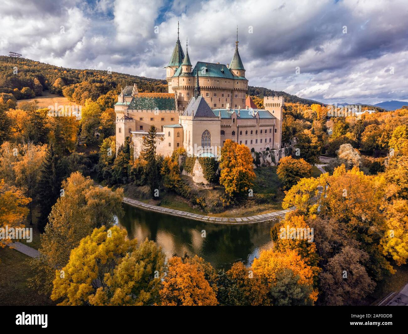 Aerial view of Bojnice medieval castle, UNESCO heritage in Slovakia ...
