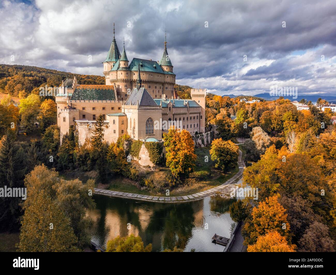 Aerial view of Bojnice medieval castle, UNESCO heritage in Slovakia ...