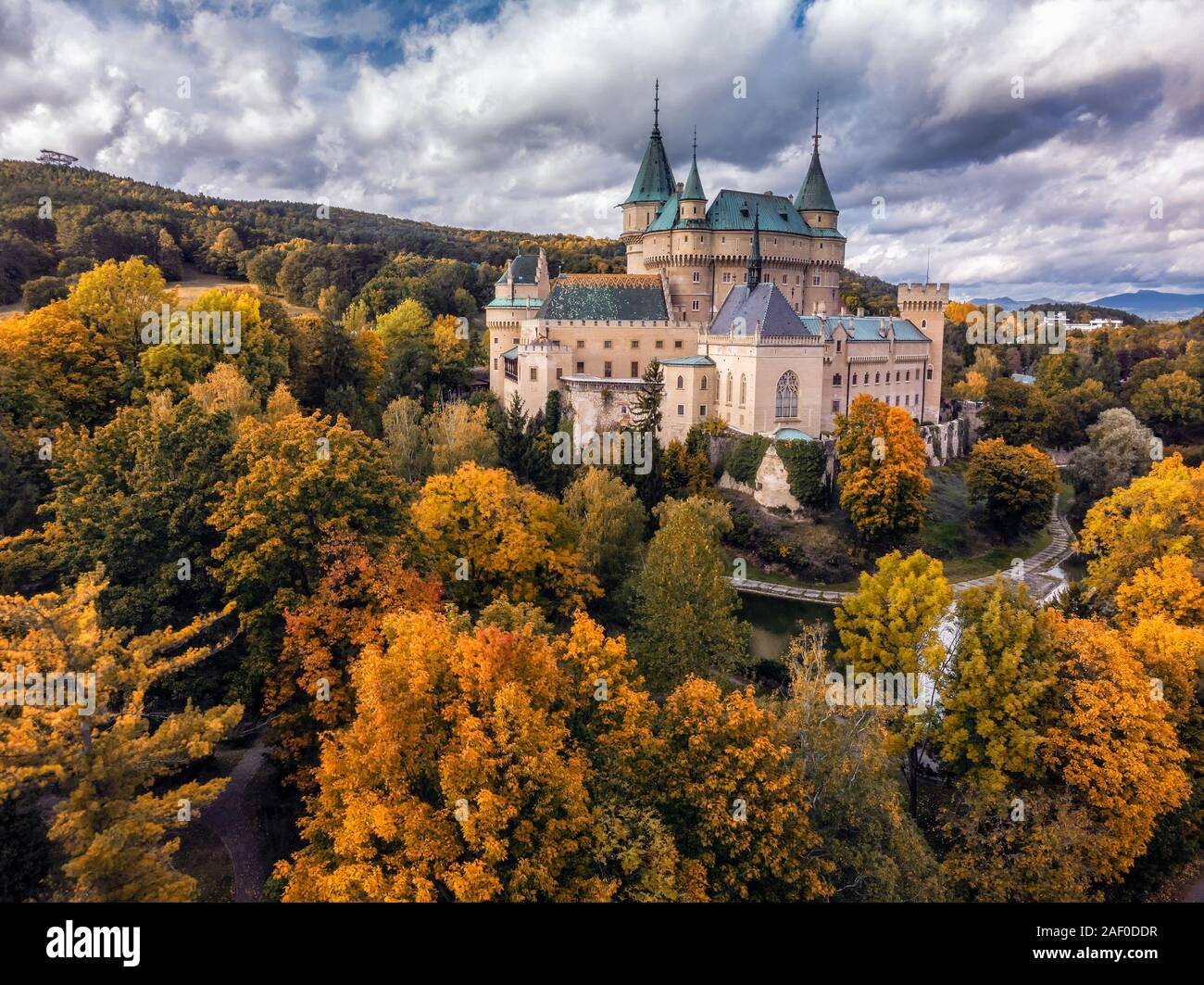 Aerial view of Bojnice medieval castle, UNESCO heritage in Slovakia ...