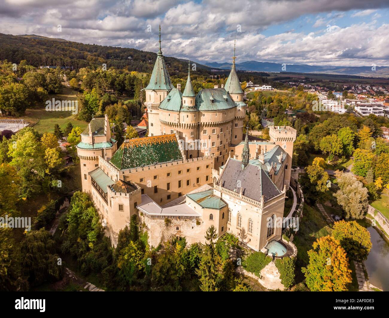 Aerial view of Bojnice medieval castle, UNESCO heritage in Slovakia ...