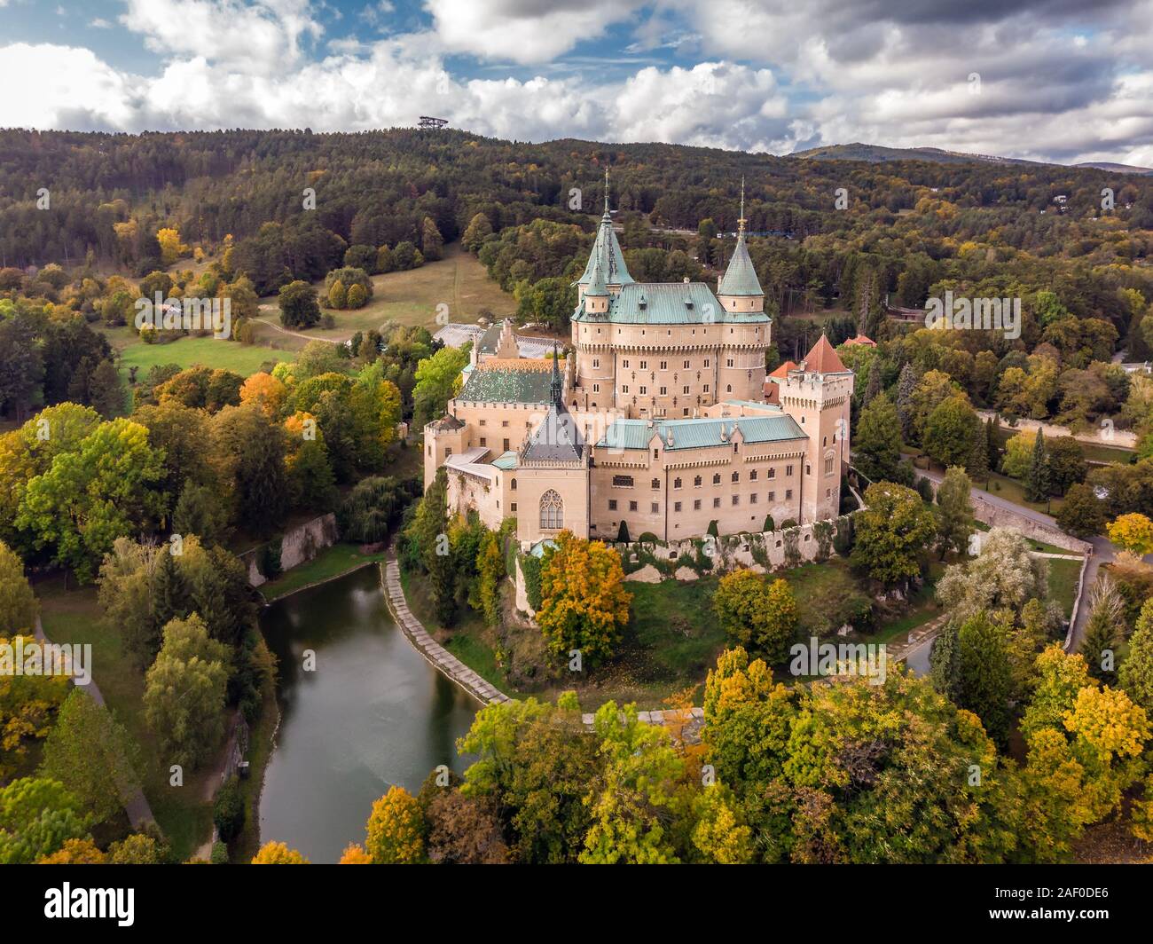 Aerial view of Bojnice medieval castle, UNESCO heritage in Slovakia ...