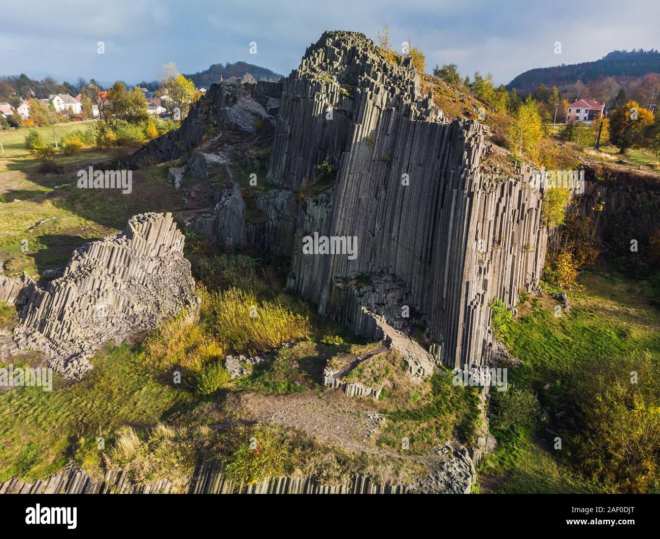 Drone view of the polygonal structures of basalt columns, also named ...
