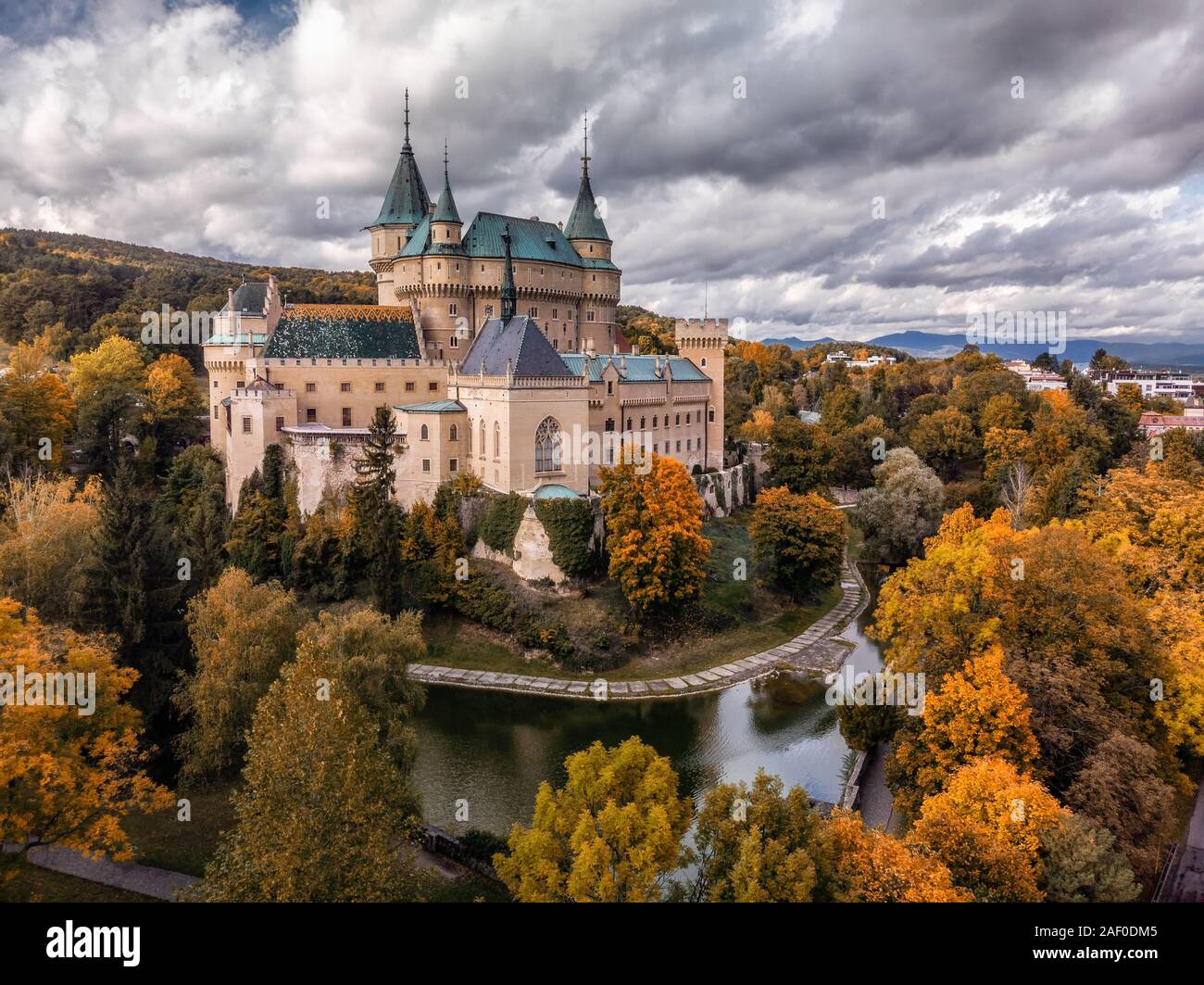 Aerial view of Bojnice medieval castle, UNESCO heritage in Slovakia ...