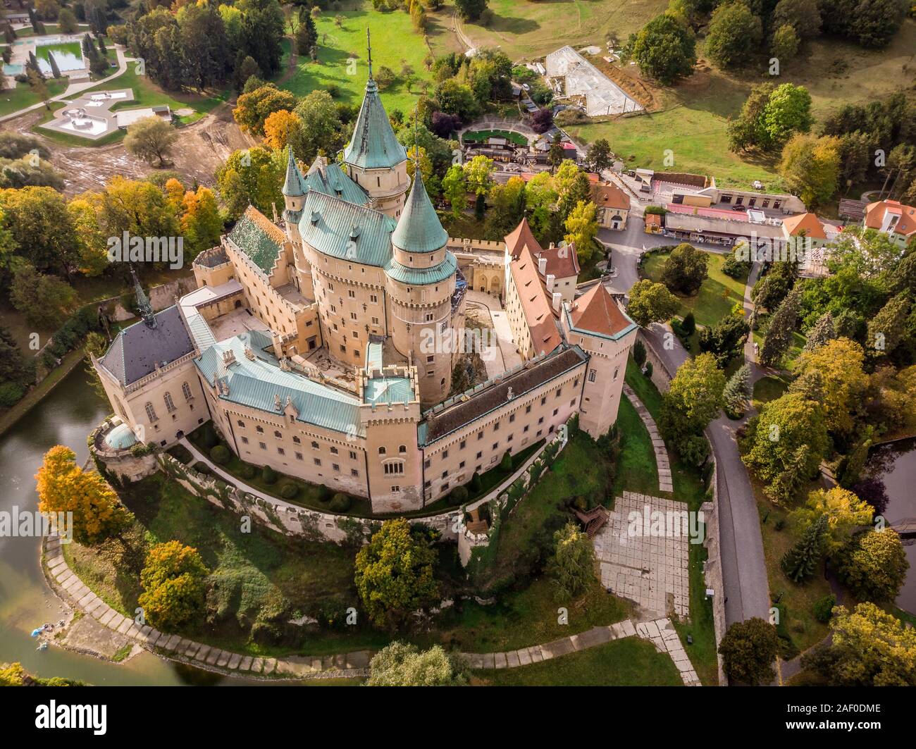Aerial view of Bojnice medieval castle, UNESCO heritage in Slovakia ...