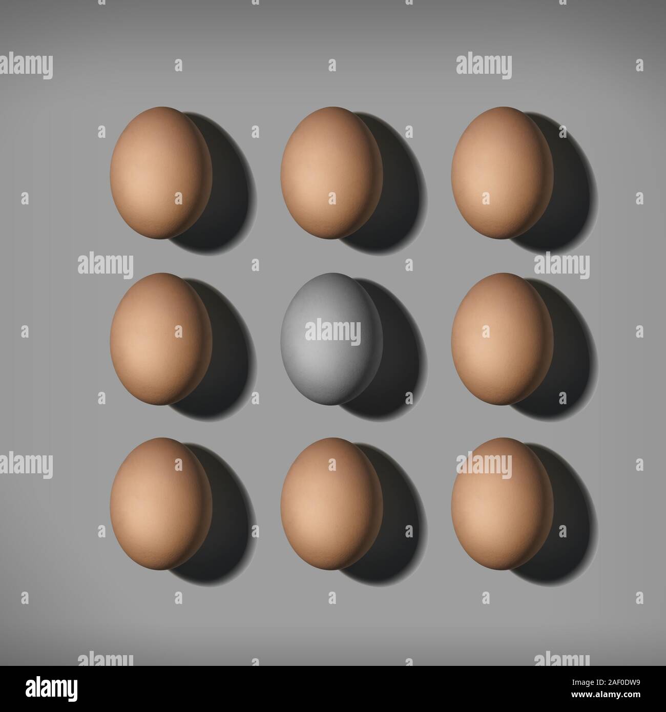 Top view of brown eggs and gray egg in center. Colorless egg between ...
