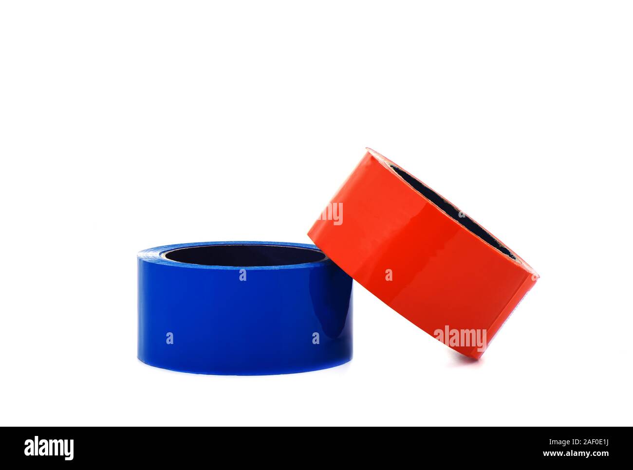 Red and blue rolls of duct tape isolated on white background. Copy ...
