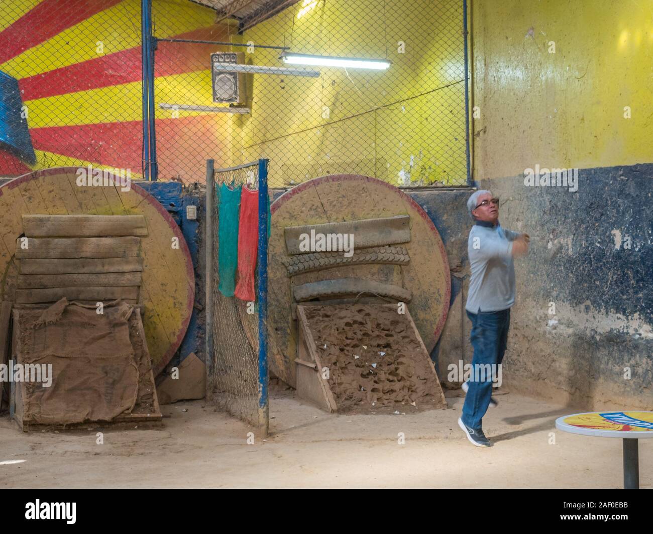 Bogota, Colombia - Septemebr 12, 2019: Colombian men are playing tejo ...